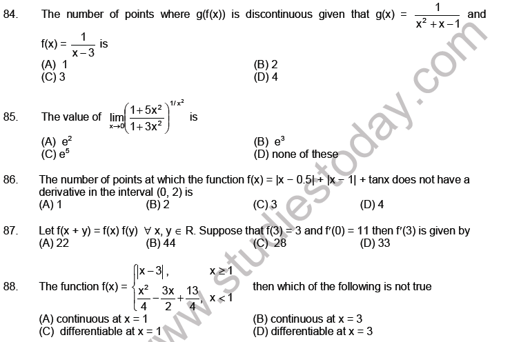 Jee Mathematics Limits Continuity And Differentiability Mcqs Set A With Answers